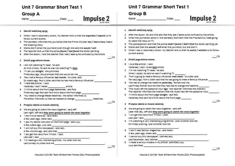 Unit 7 Grammar Short Test 1 | PDF