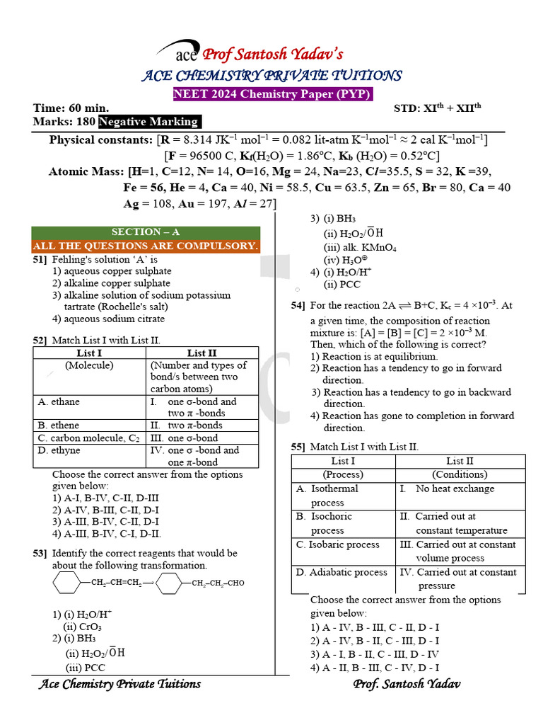 NEET 2024 Chemistry Paper (PYP) - Q.Paper | PDF | Applied And Interdisciplinary Physics | Materials