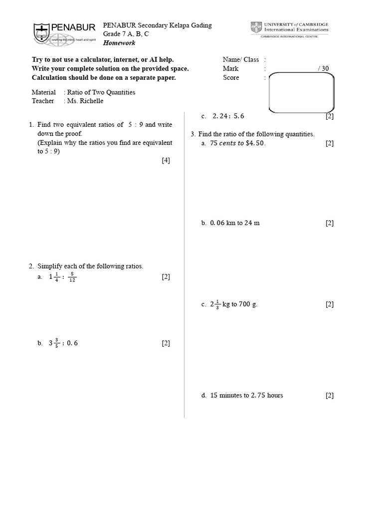Grade 7 Homework: Ratios Practice | PDF