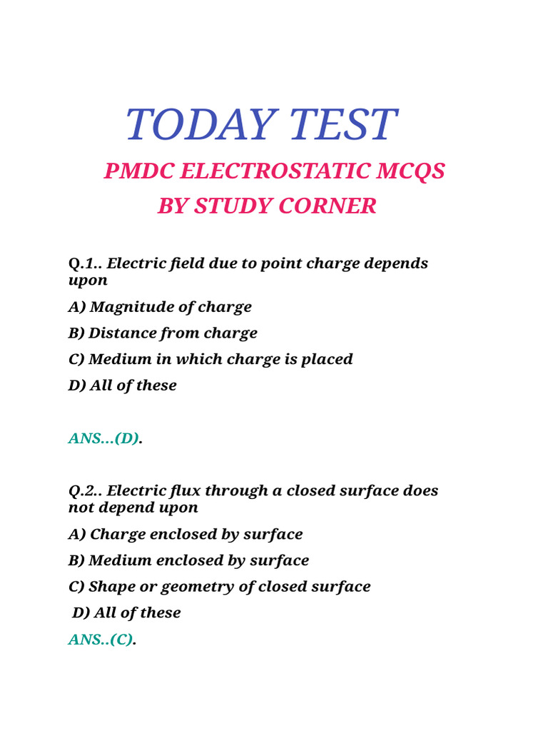 Electrostatic Mcqs by STUDY CORNER | PDF | Capacitance | Electric Field