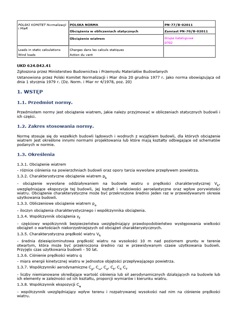 PN-77 B-02011 - ObciÄ…Å¼enia w obliczeniach statycznych. ObciÄ…Å¼enie wiatrem | PDF