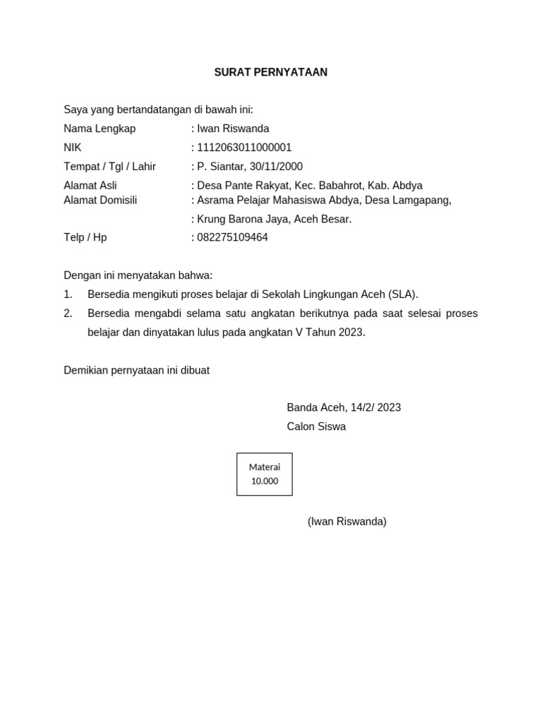 Surat Pernyataan Calon Siswa Sla Angkatan v 2023 | PDF