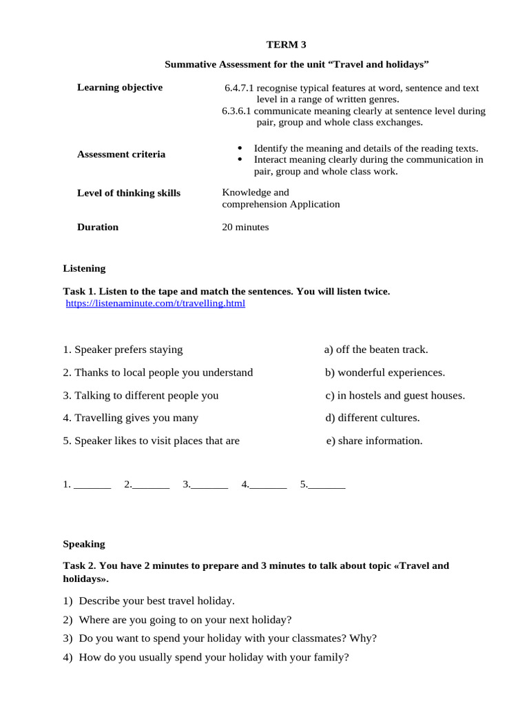 Travel and Holidays Assessment Guide | PDF | Reading Comprehension ...