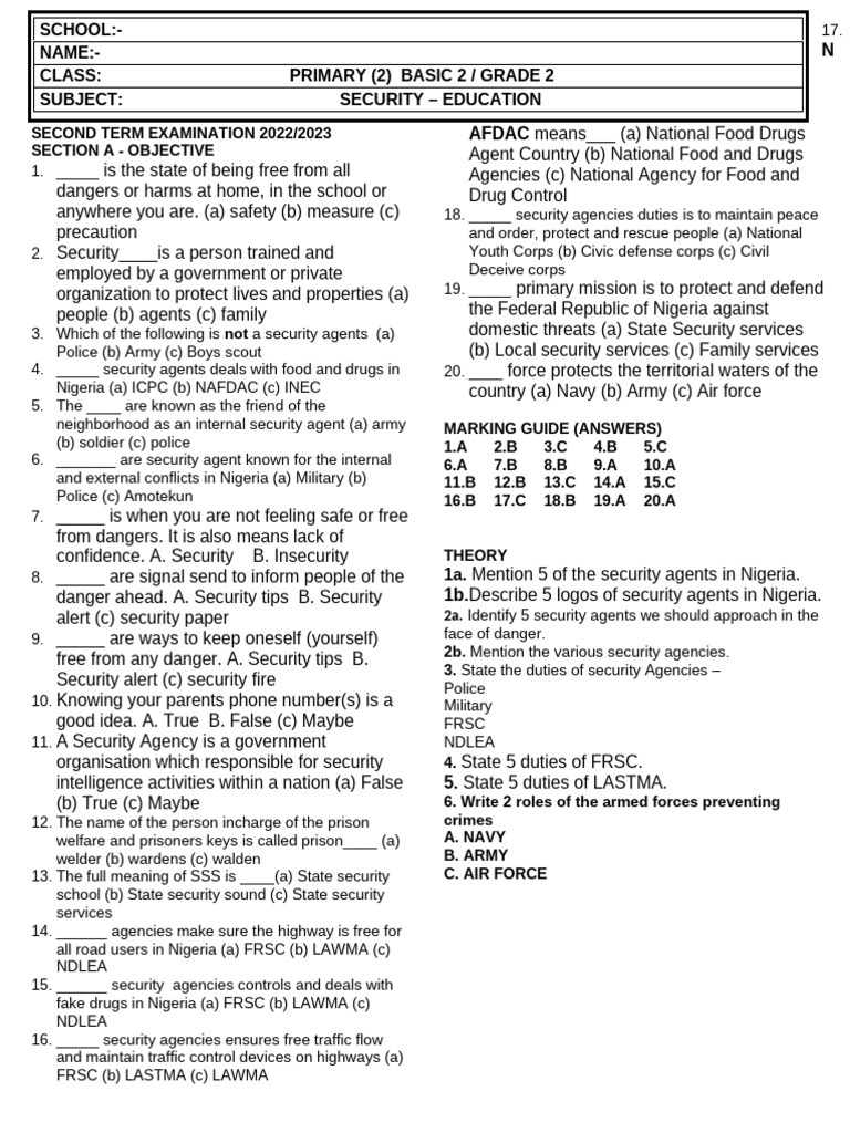 Security Edu Pry 2 2ND T-Exam | PDF | Police | Law Enforcement