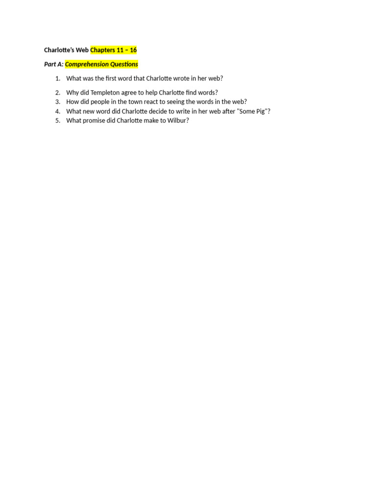 Charlotte's Web Chapters 11-16 Quiz | PDF