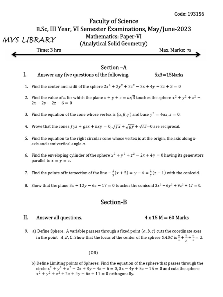 VI Sem - Analytical Solid Geometry | PDF | Sphere | Circle