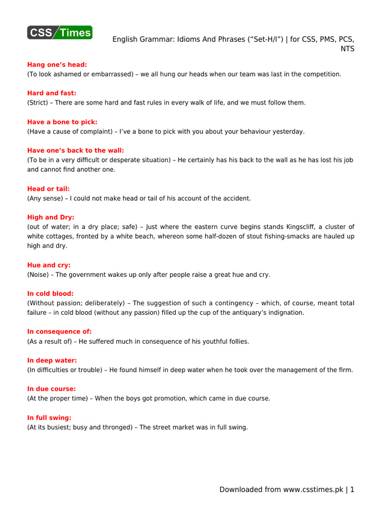 English Grammar - Idioms and Phrases ("Set-H-I") - For CSS, PMS, PCS ...
