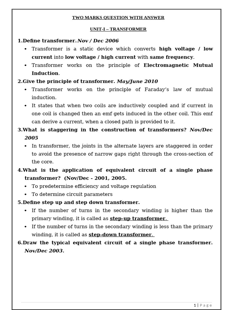 1st Year ECE-E&I 2 Marks Q&A | PDF | Transformer | Electric Motor