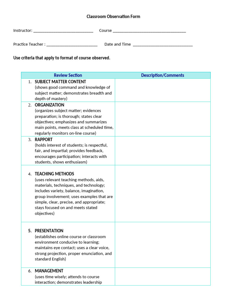 Classroom Observation Form | PDF | Teaching Method | Classroom
