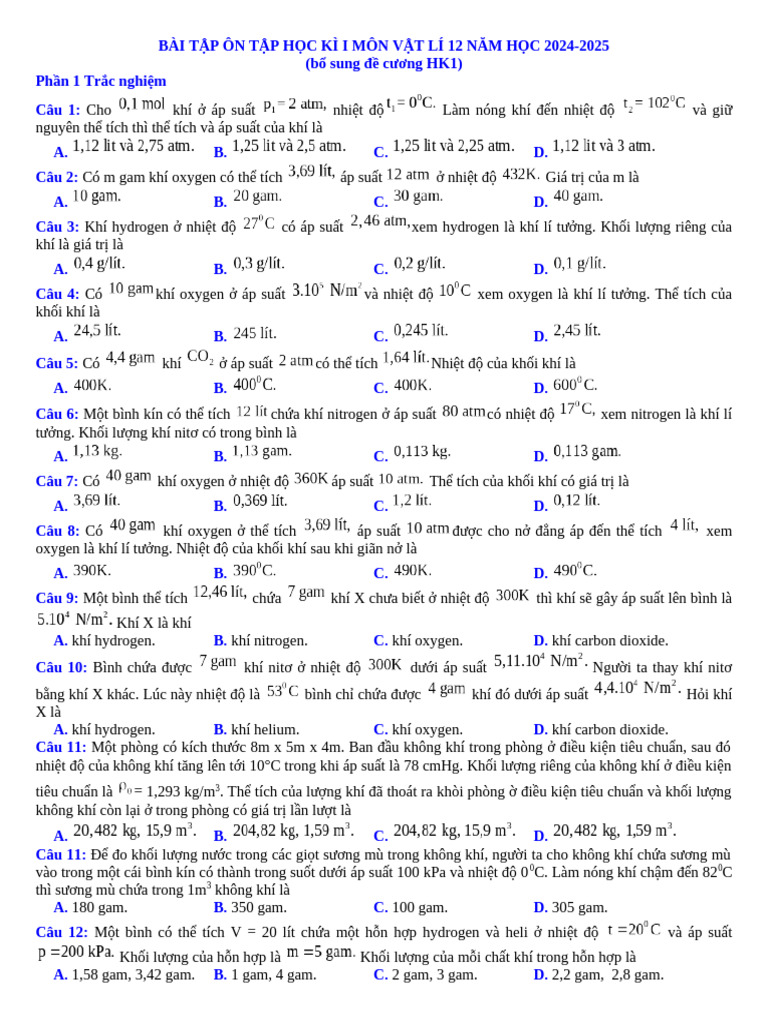 BT bổ sung đề cương ôn tập HK1_VL12 năm học 24-25 | PDF