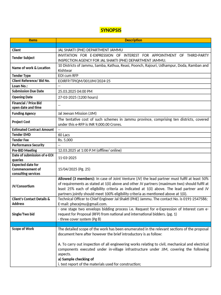 Synopsis Form - EOI Cum RFP-TPI-J&K-PHE | PDF | Joint Venture | Pump