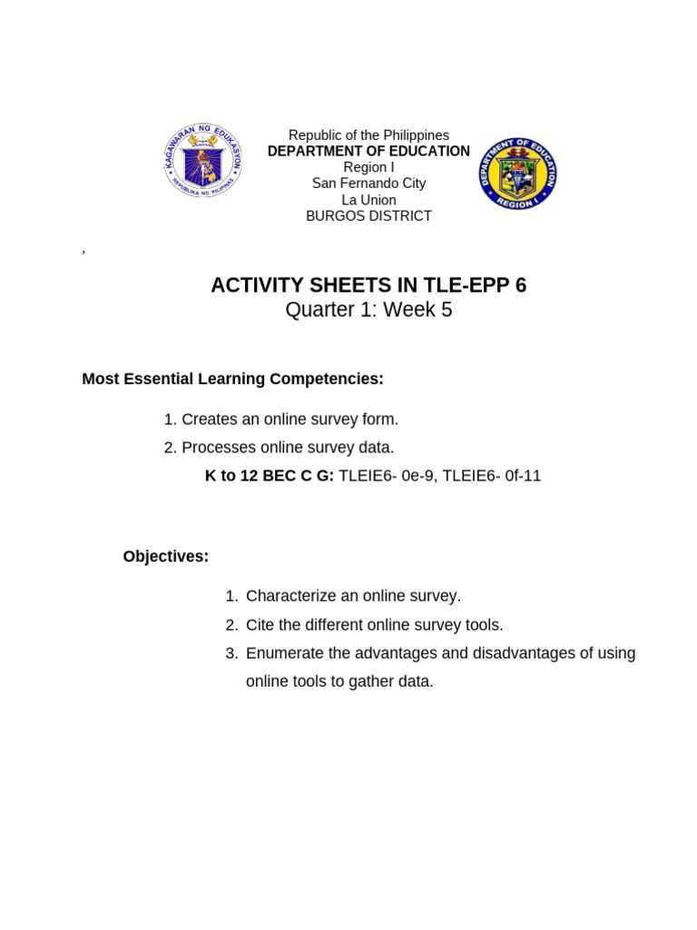EPP-TLE 6 - AS Quarter 1, Week 5 | PDF | Comma Separated Values | Questionnaire