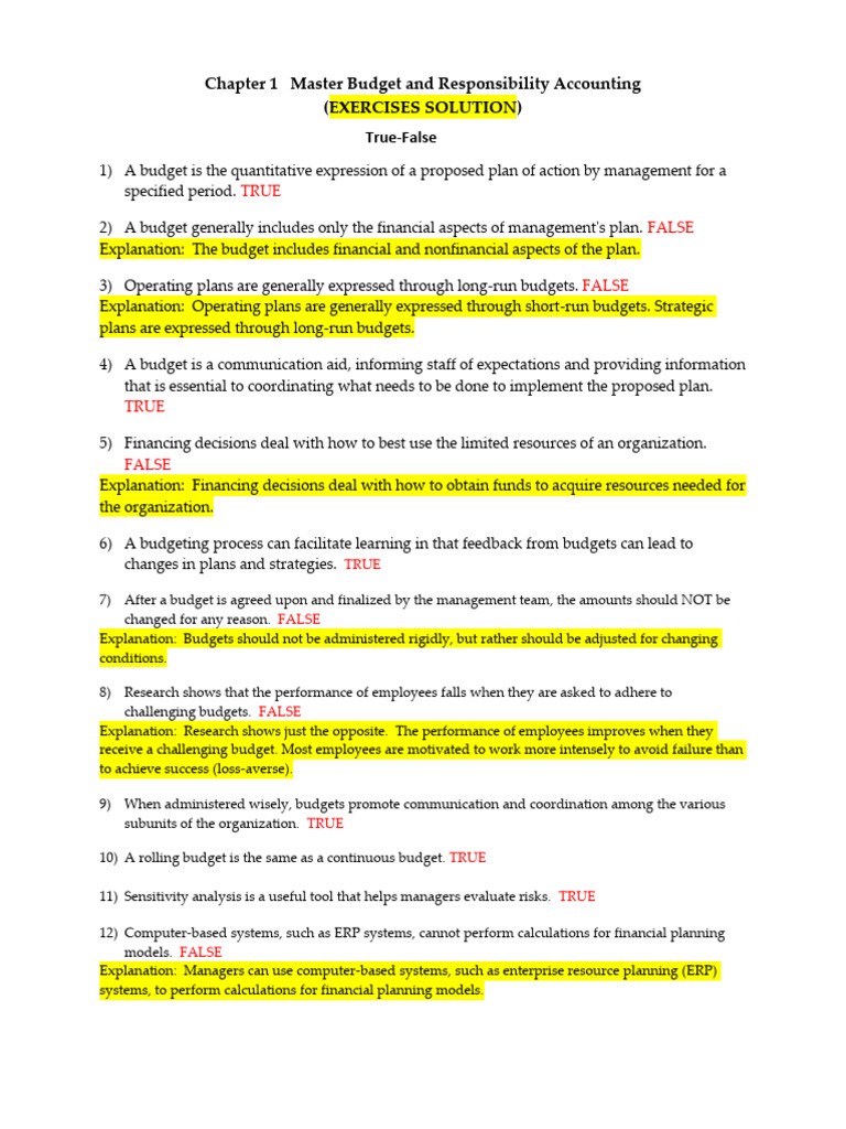 Solution Exercises chapter 1 - students | PDF | Budget | Inventory