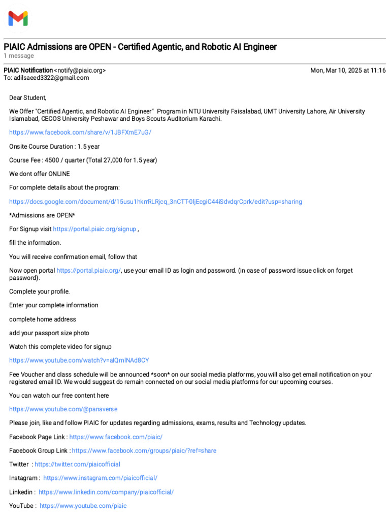 Gmail - PIAIC Admissions Are OPEN - Certified Agentic, and Robotic AI Engineer | PDF