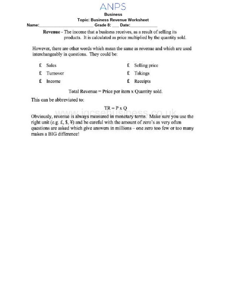 Answer Sheet Business Revenue Worksheet - Grade 8 | PDF