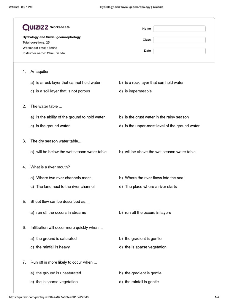 Hydrology Worksheets for Students | PDF | River | Discharge (Hydrology)