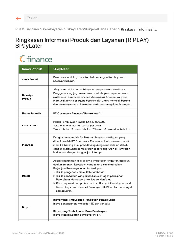 Ringkasan Informasi Produk dan Layanan (RIPLAY) SPayLater | Pusat ...