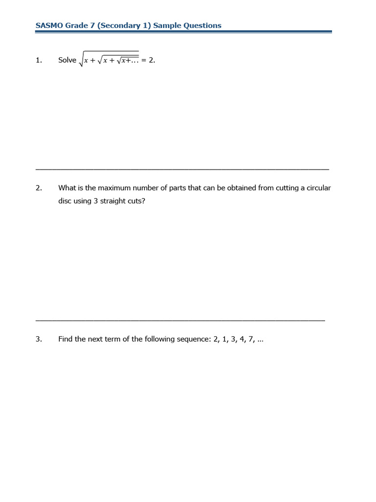 SASMO Grade 7 Sample Math Questions | PDF | Numbers | Mathematics