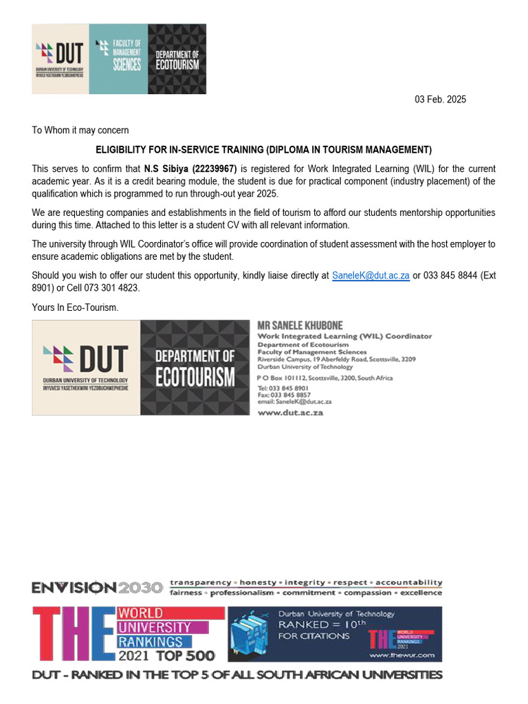 N.S SIBIYA Inservice Letter | PDF