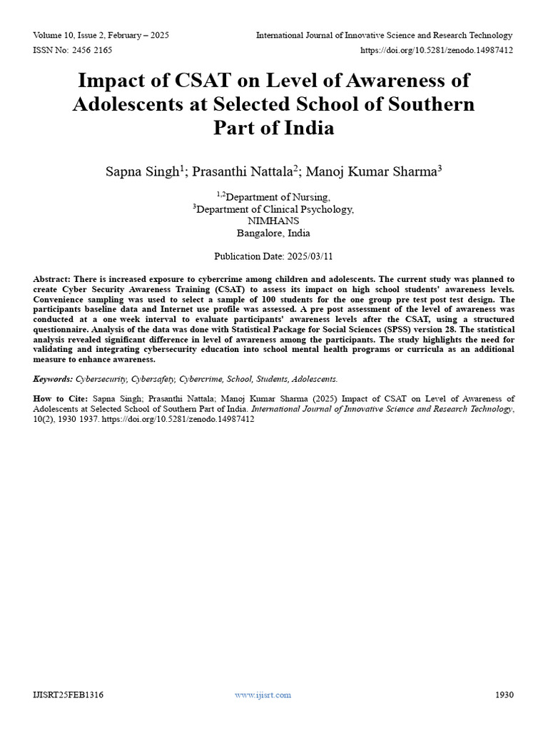 Impact of CSAT On Level of Awareness of Adolescents at Selected School ...
