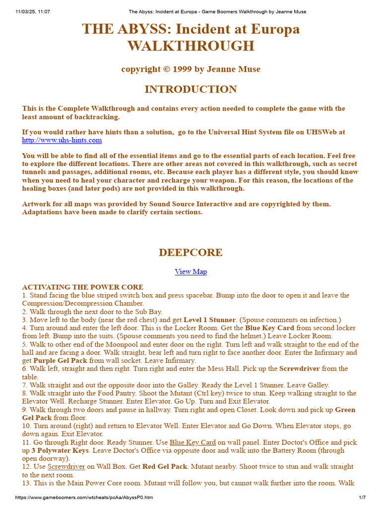 The Abyss - Incident at Europa - Game Boomers Walkthrough by Jeanne Muse | PDF | Door | Elevator