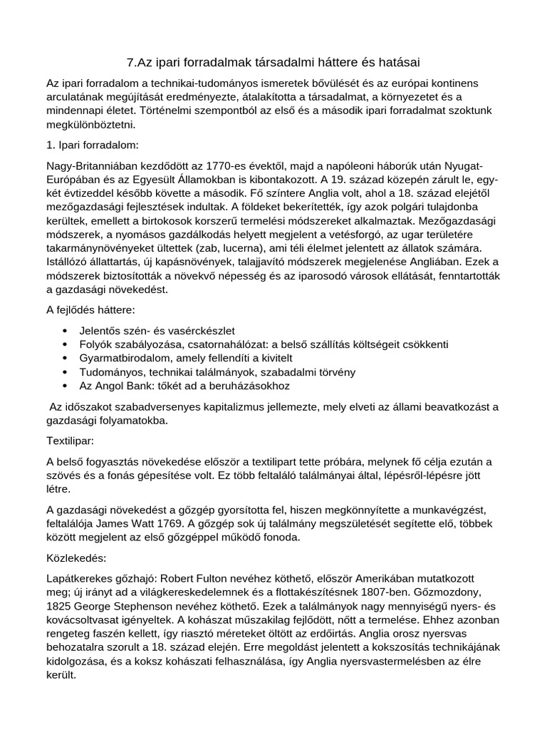 7.az Ipari Forradalmak Társadalmi Háttere És Hatásai | PDF