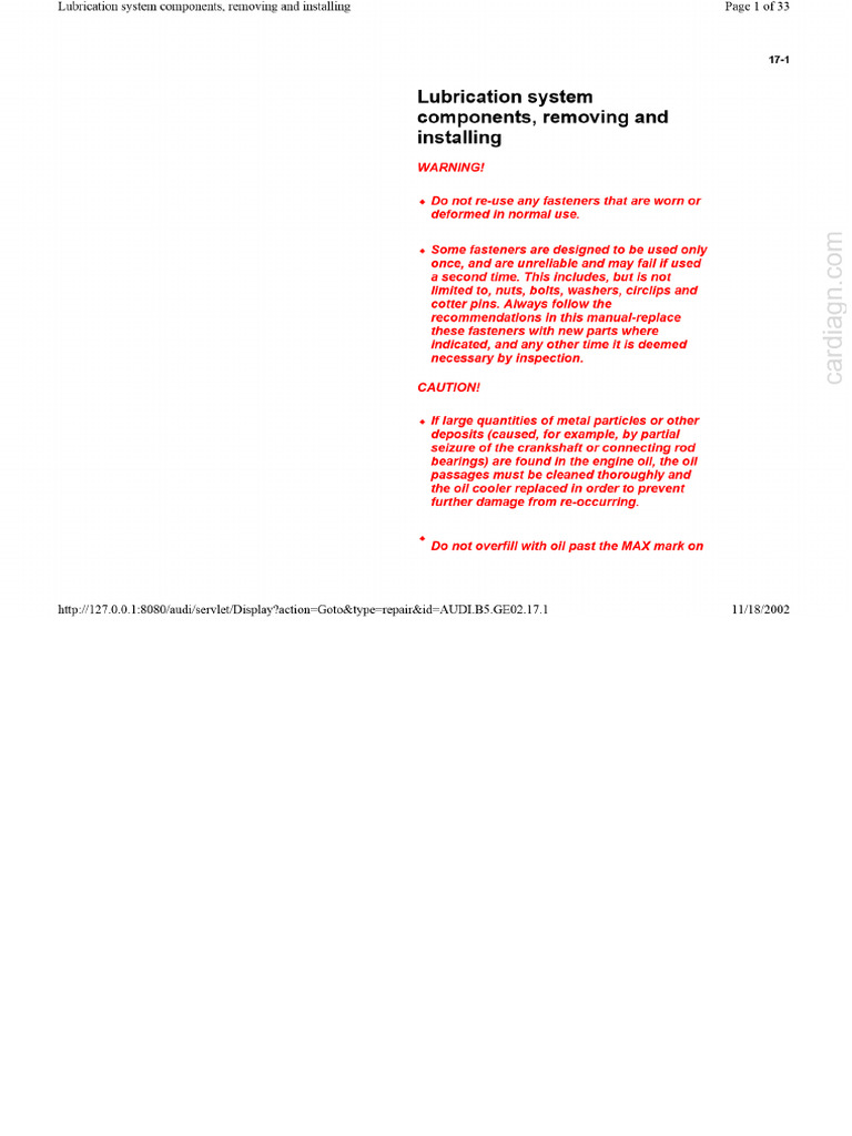 Audi Engine 1.8T 5V (AEB & ATW) - Lubrication System Components | PDF