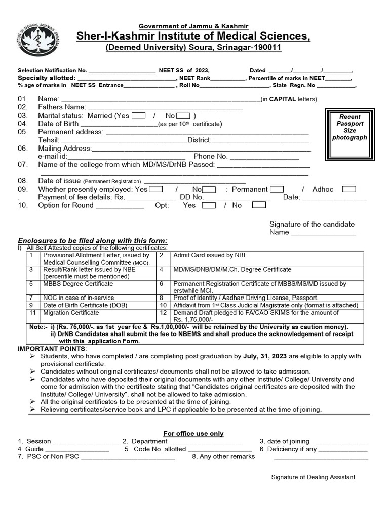 PG Admission Form 18112023 | PDF | Doctor Of Medicine