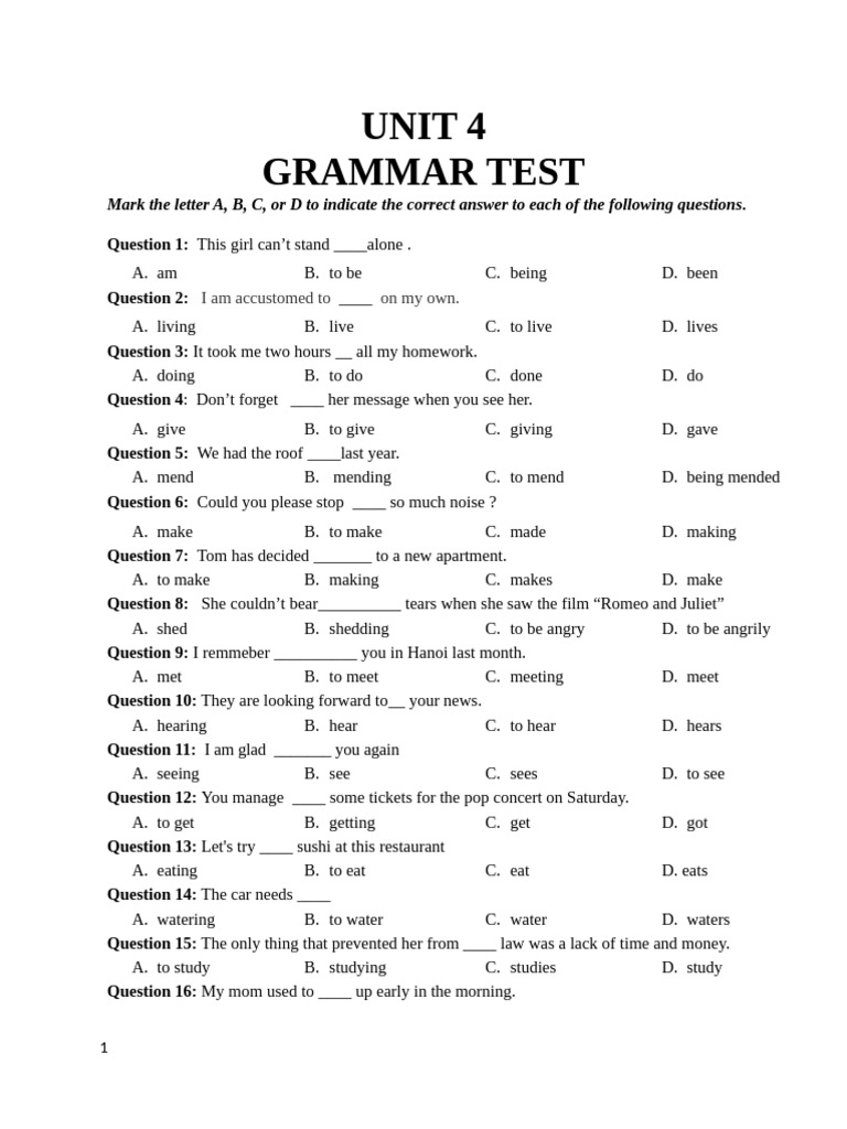 UNIT 4 - Test (Ngữ pháp) | PDF