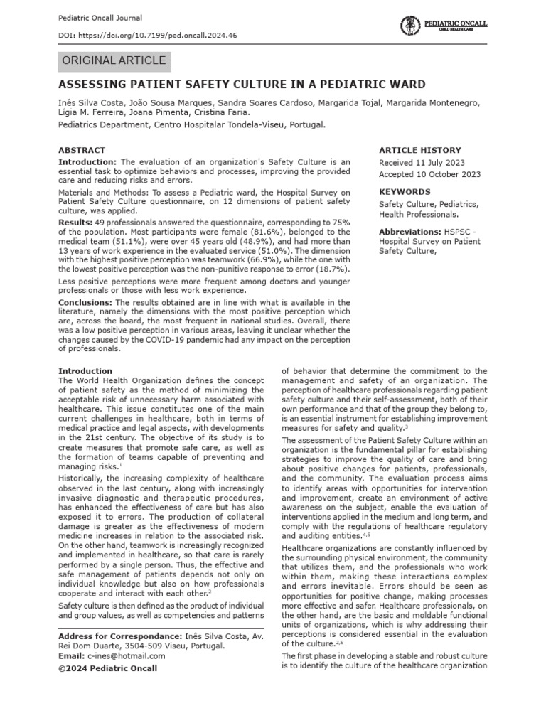 Pediatric Ward Safety Culture Assessment | PDF | Patient Safety | Safety