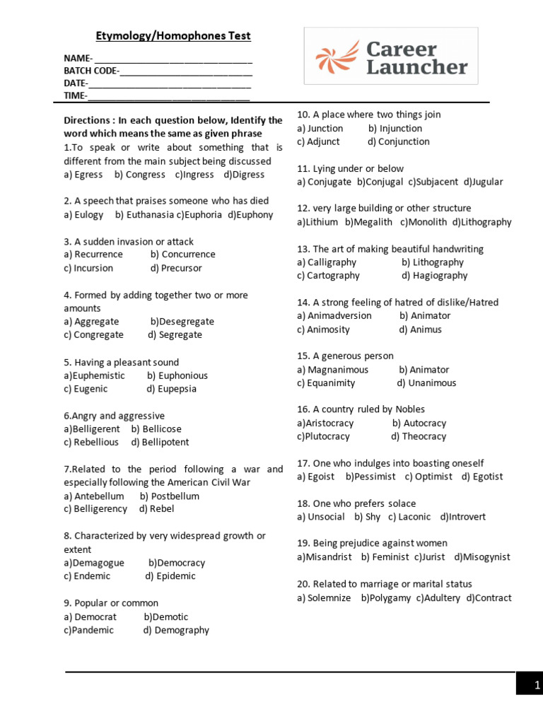 Etymology Homophones Test | PDF