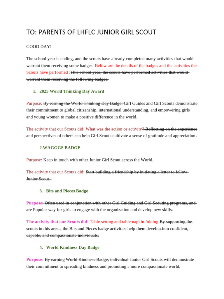 LHFLC JUNIOR GIRL SCOUT Badge Letter To Parents | PDF