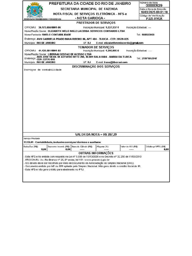 2025 - 03 - 10 - NF - Liberaaí - R$ 287,29 - NF 529 Elizabeth Melo Mule | PDF