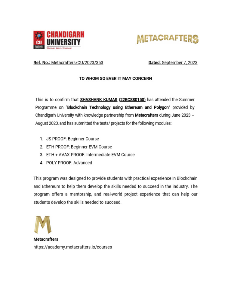 Metacrafters Blockchain Program Certificate | PDF