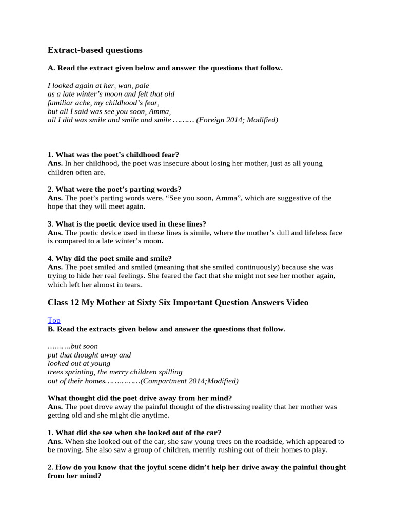 My Mother at 66, PYQ, EBQ, SAQ, LAQ, CBQ | PDF | Psychology | Behavioural Sciences