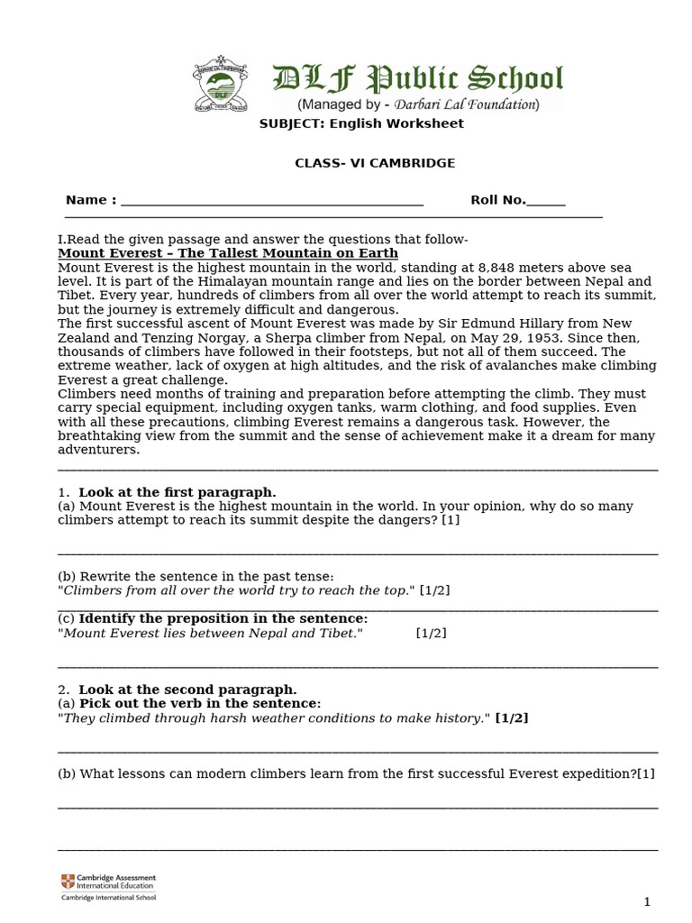 Mount Everest English Worksheet for VI | PDF | Mount Everest ...