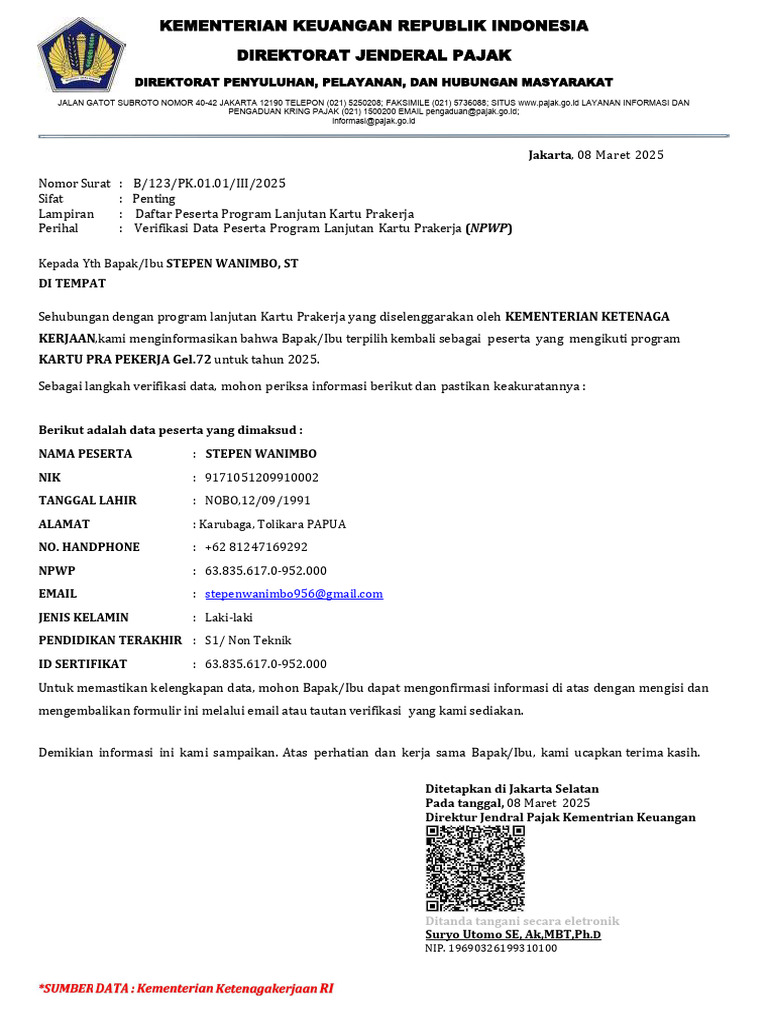 Surat Kementerian Keuangan Republik Indonesia Stepen Wanimbo, ST | PDF