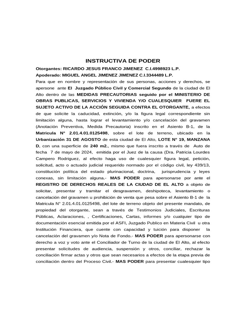 Instructivo de Poder Ricardo Jesus Franco Jimenez | PDF | Apelación | Caso de ley