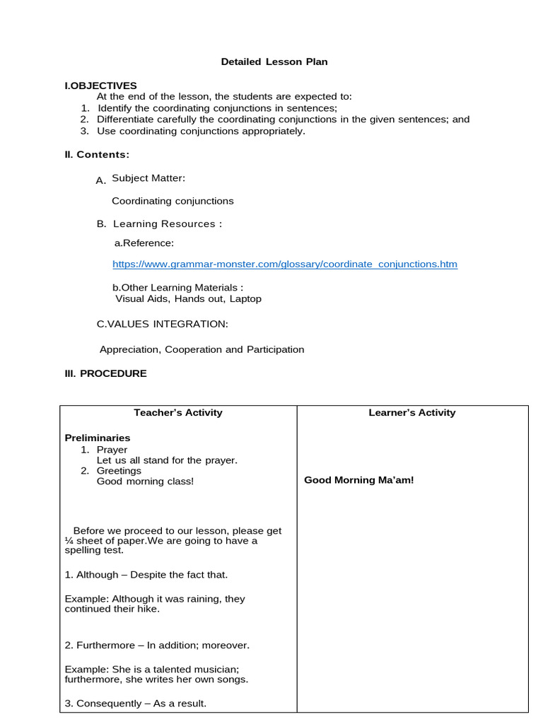 Teaching Coordinating Conjunctions Lesson Plan | PDF