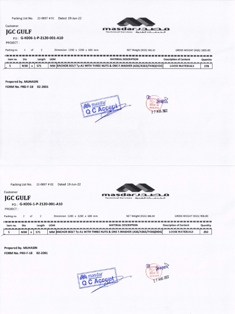 1.0 Packing List - IRC-2120-001-A10-001 | PDF