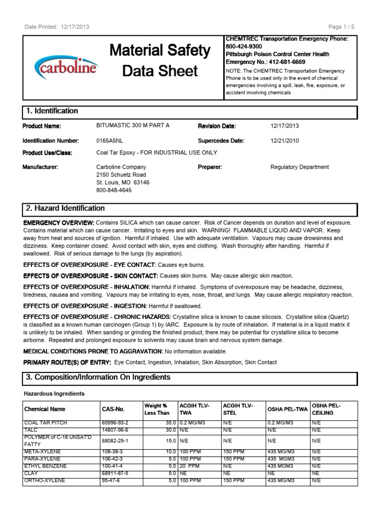 Carboline Bitumastic 300M Safety Data | PDF | Firefighting | Carbon Dioxide