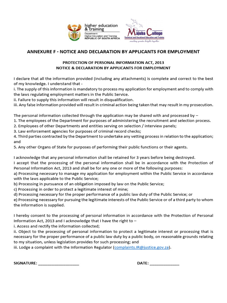 Annexure F Notice and Declaration by Applicants For Employment | PDF ...