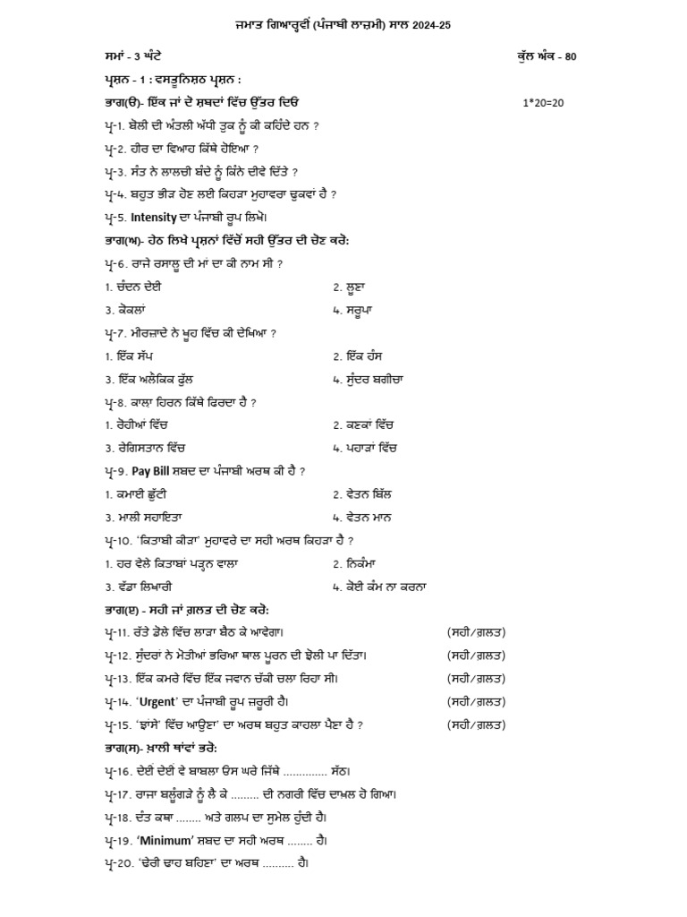 Lehal Kalan 11th Pbi QP | PDF
