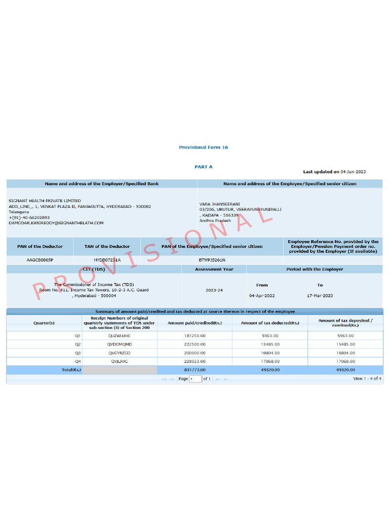 Provisional Form 16 | PDF