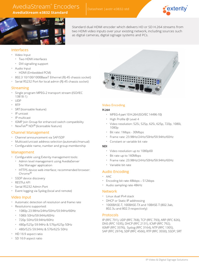 Datasheet AvediaStream E3832 STD | PDF | Hdmi | Internet Standards