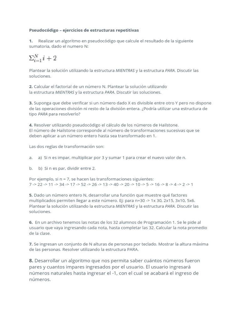 Ejercicios Pseudocodigo - Estructuras Repetitivas | PDF