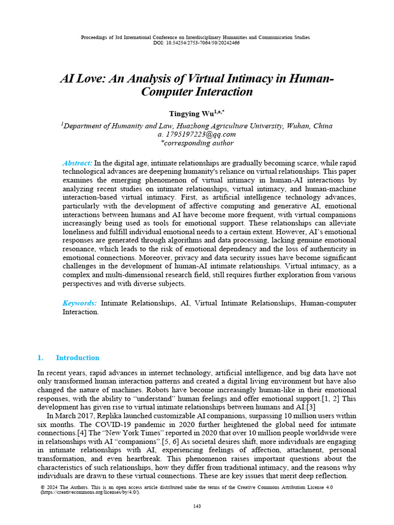 AI Love an Analysis of Virtual Intimacy in Human-Computer Interaction ...