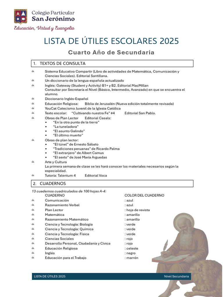 Lista de Útiles 2025 para Secundaria | PDF | Educación Secundaria