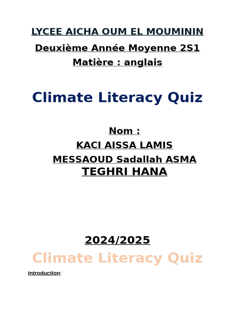 Climate Literacy Quiz - Docx Asma Travail | PDF | Climate Change ...