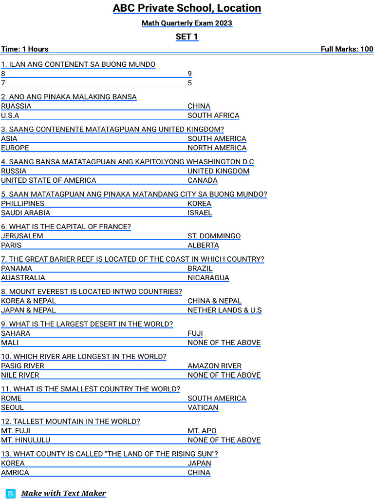2023 Math Exam Questions for ABC School | PDF